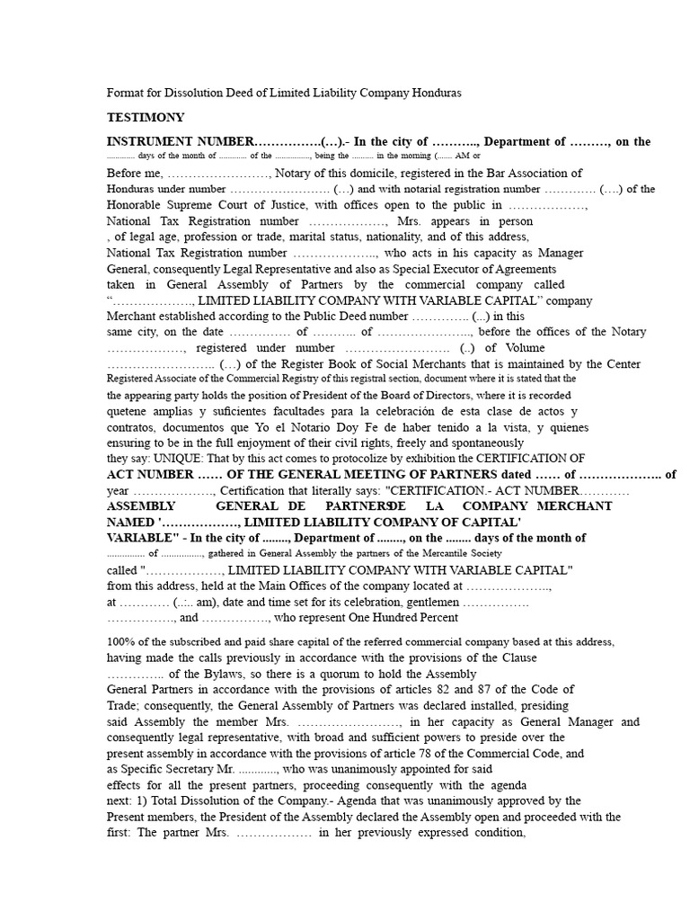 Format For The Dissolution of A Limited Liability Company in Honduras ...