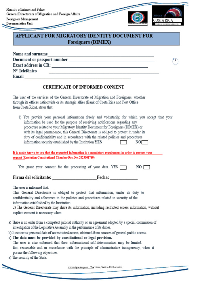 CERTIFICATE OF INFORMED CONSENT DIMEX 2022 Version No. 3 As of 02-03 ...