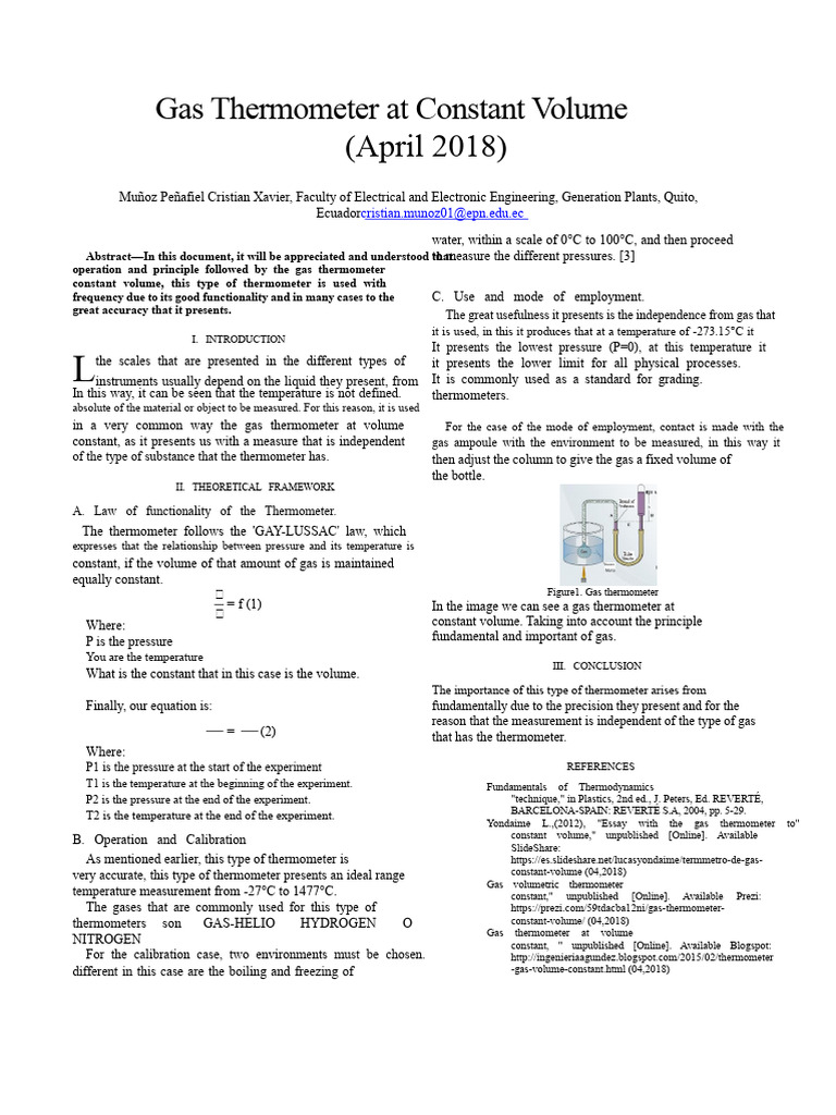 Gas Thermometer at Constant Volume | PDF | Thermometer | Temperature