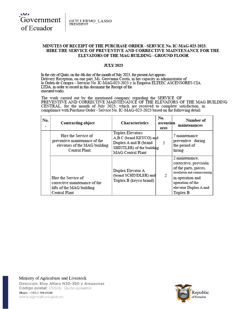 ACT OF HANDOVER RECEIPT JULY 2023 ELEVATORS | PDF | Elevator | Door