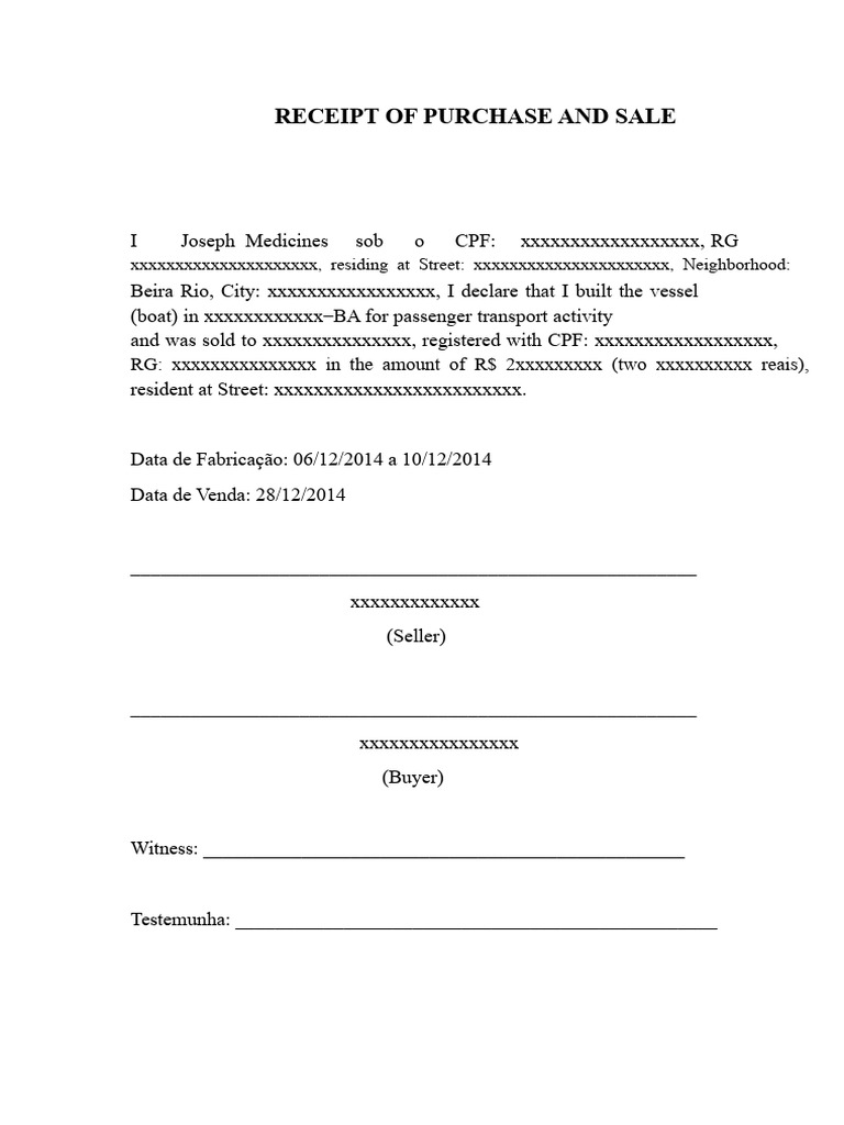 Receipt of Purchase and Sale of Boat | PDF