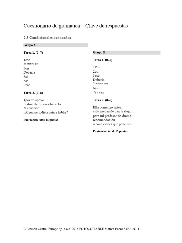 Clave de respuestas: Cuestionario de gramática | PDF