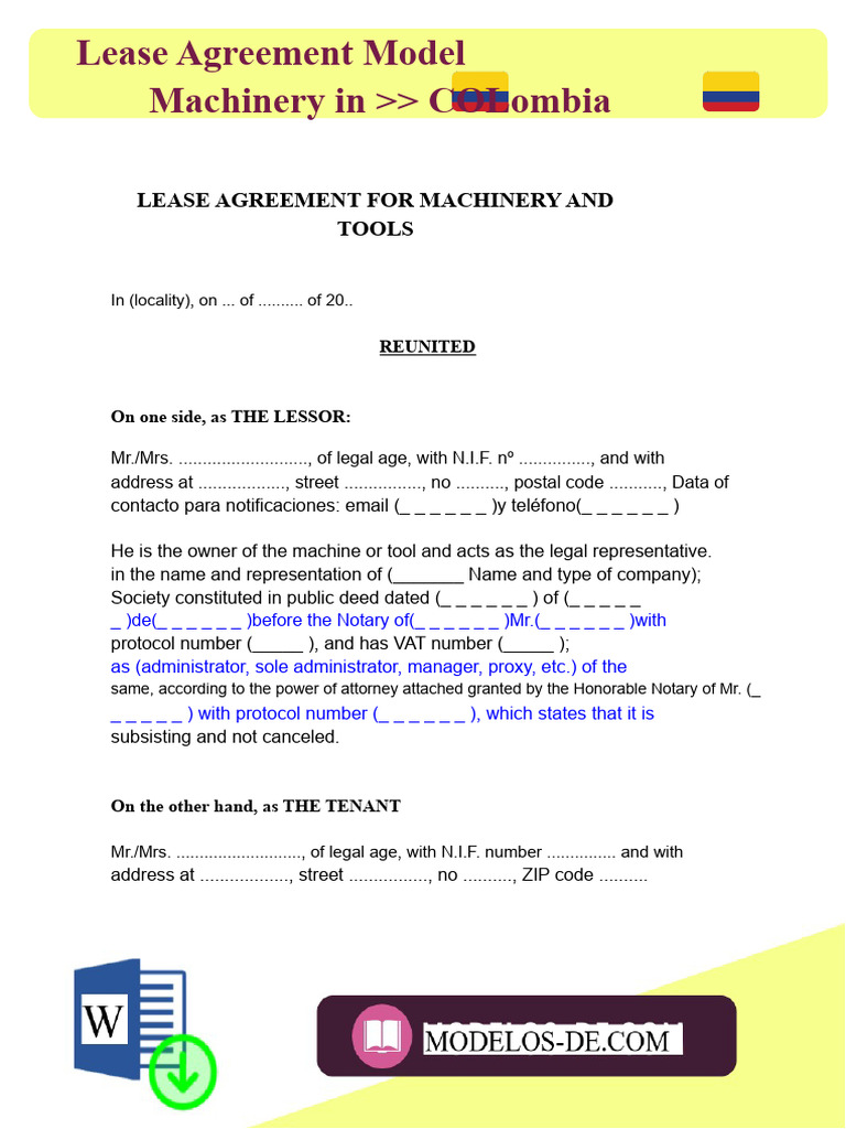 Model Contract Lease of Equipment in Colombia | PDF | Lease | Leasehold ...