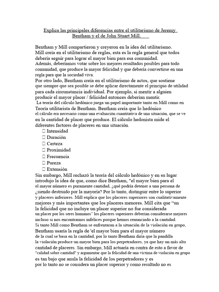 Diferencias entre Bentham y Mill en Utilitarismo | PDF | Utilitarismo ...