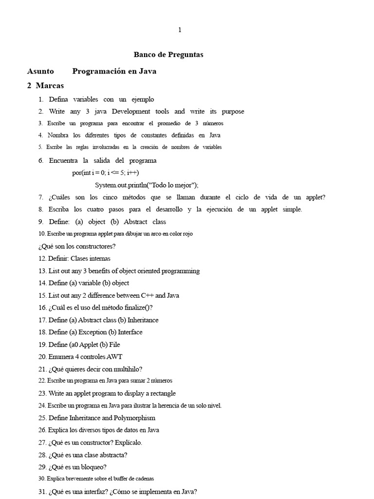 Banco de Preguntas de Java | PDF | Java (lenguaje de programación) | Programación de computadoras