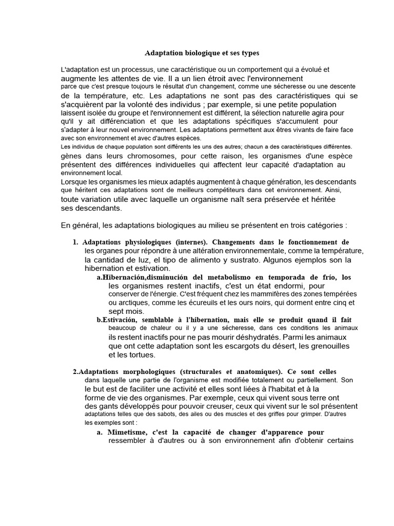 Types d'adaptations biologiques | PDF | Comportement | Sélection naturelle
