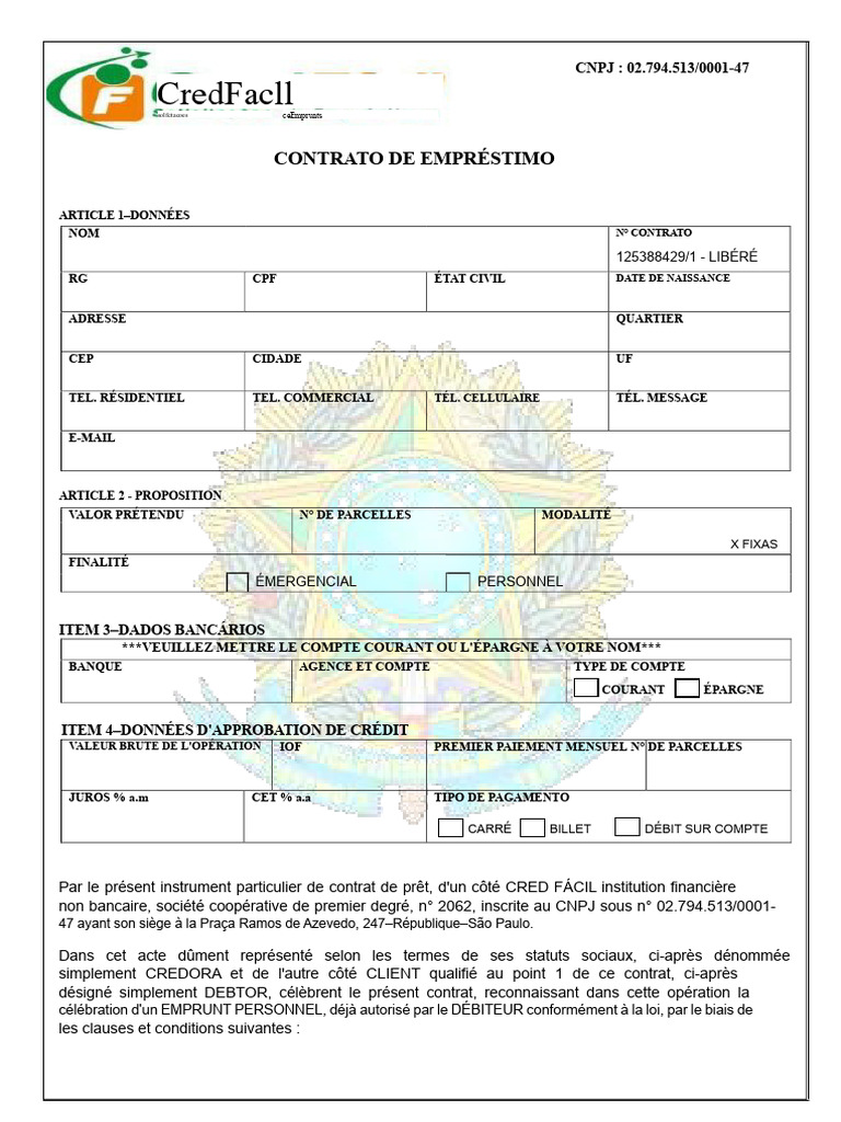 Contrat de Prêt Personnel CRED FÁCIL | PDF | Crédit | Finance et ...