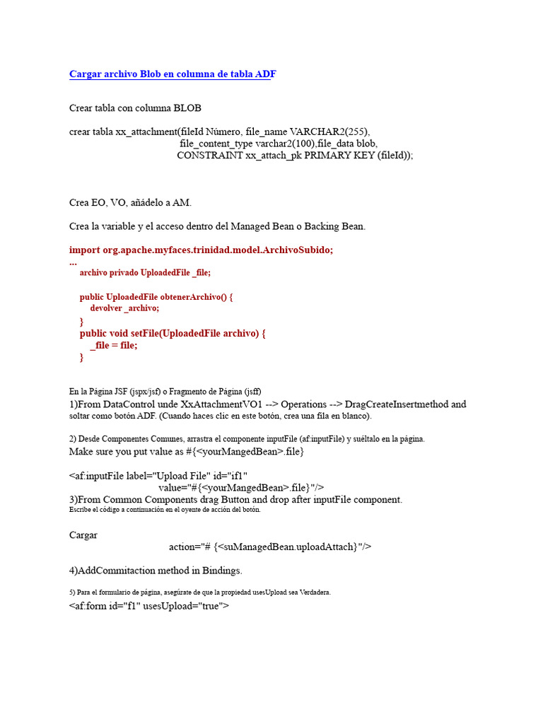 Cargar Archivo Blob en Columna de Tabla ADF | PDF | Java (lenguaje de ...
