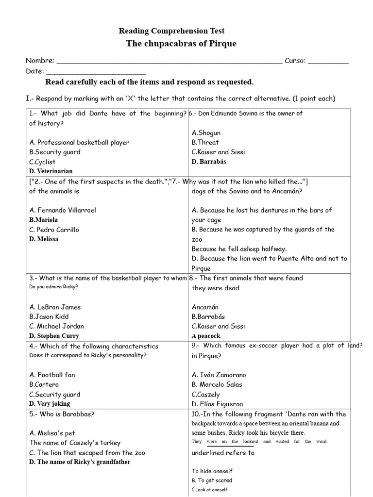 Chupacabras Reading Comprehension Test | PDF