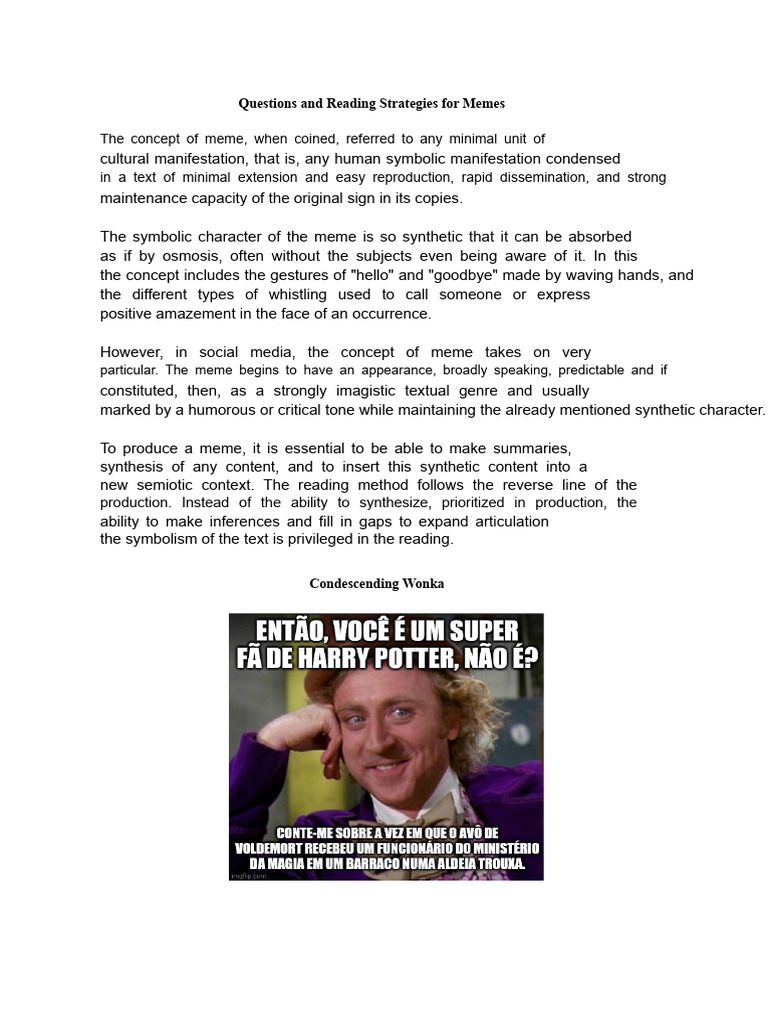 Memes: Analysis and Reading Strategies | PDF | Meme | Psychological ...