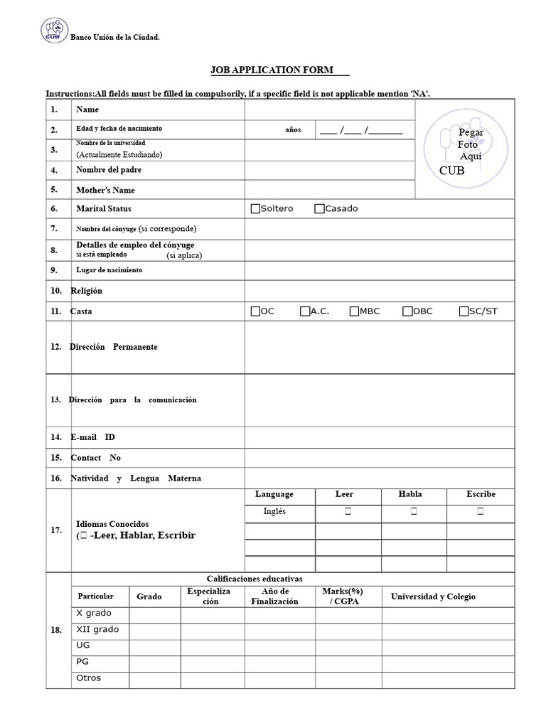 Formulario de Solicitud de Empleo | PDF