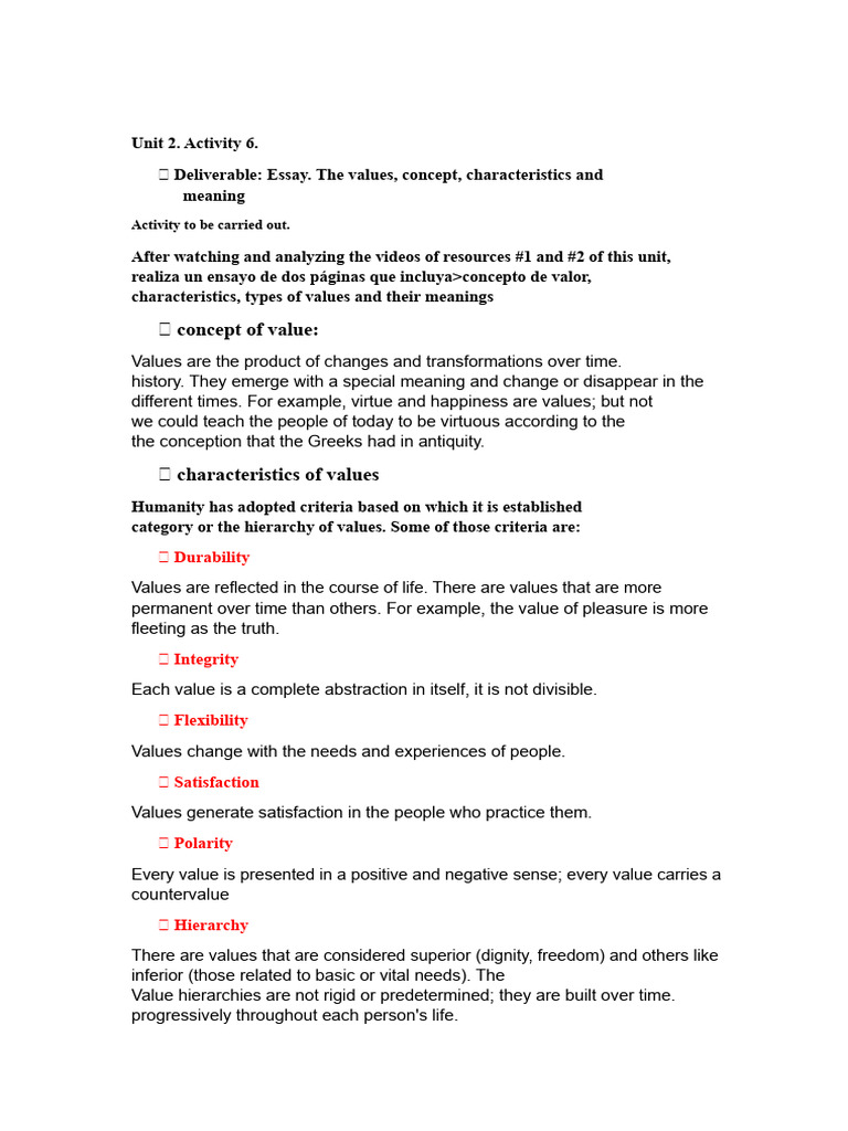 UD2-act6-Essay. Values, Concept, Characteristics and Meaning. | PDF ...