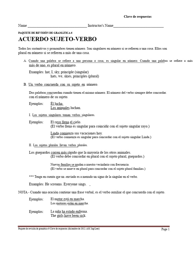 Concordancia entre Sujeto y Verbo | PDF | Asunto (gramática) | Verbo