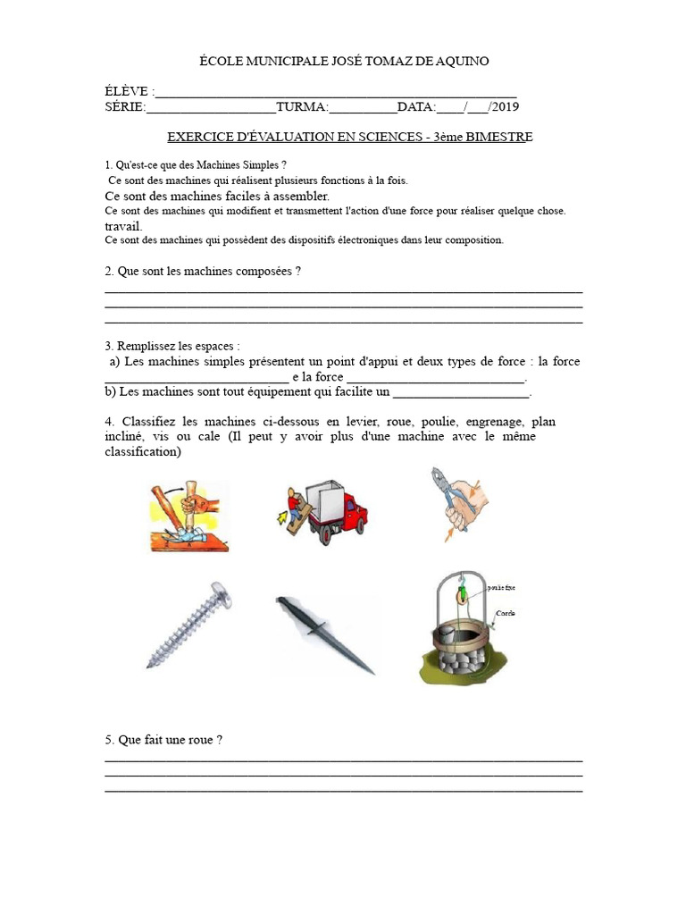 Évaluation sur les Machines Simples et Composées | PDF | Levier (mécanique)