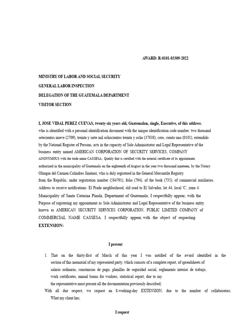 Extension Request for Labor Award R-0101-03309 | PDF | Government