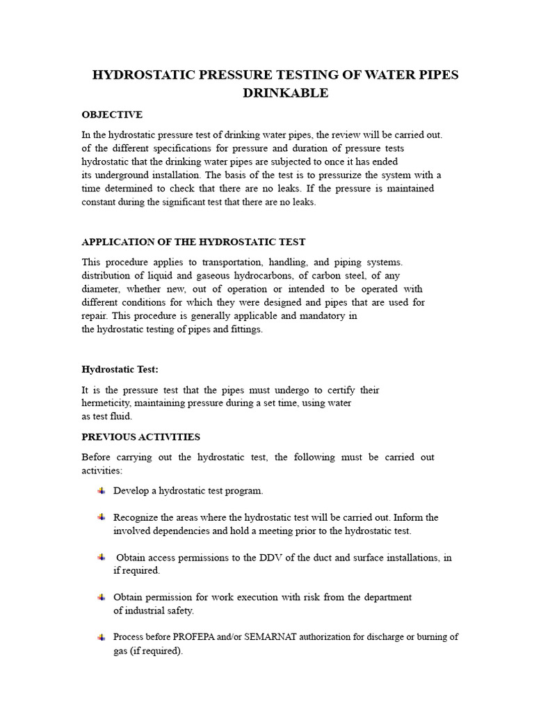 Hydrostatic Pressure Testing for Water Pipes | PDF | Pressure ...