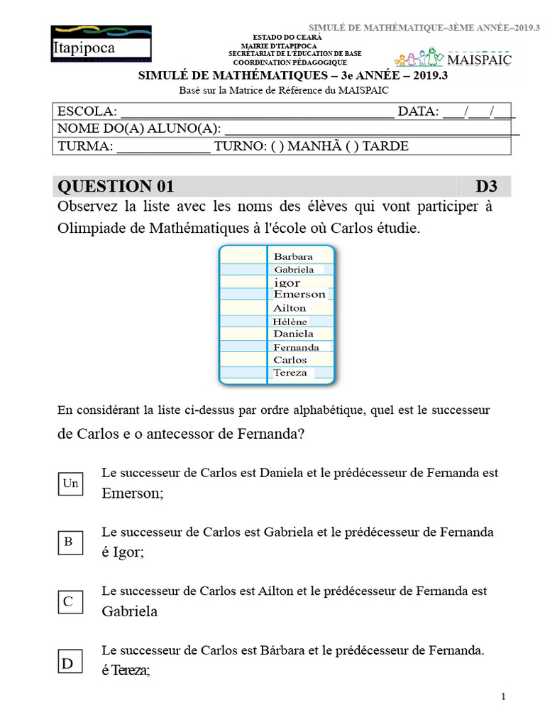 Simulé de Mathématiques 3e Année 2019 | PDF | Mathématiques | Science