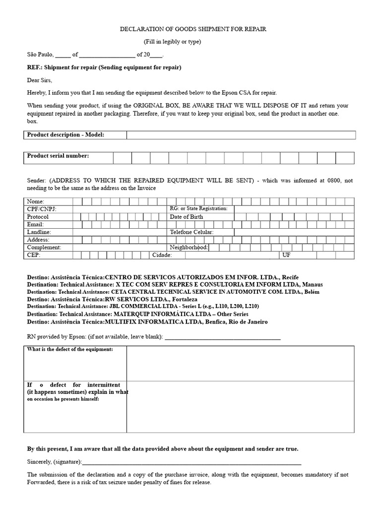 000 - Declaration of Goods Shipment For Repair PDF | PDF