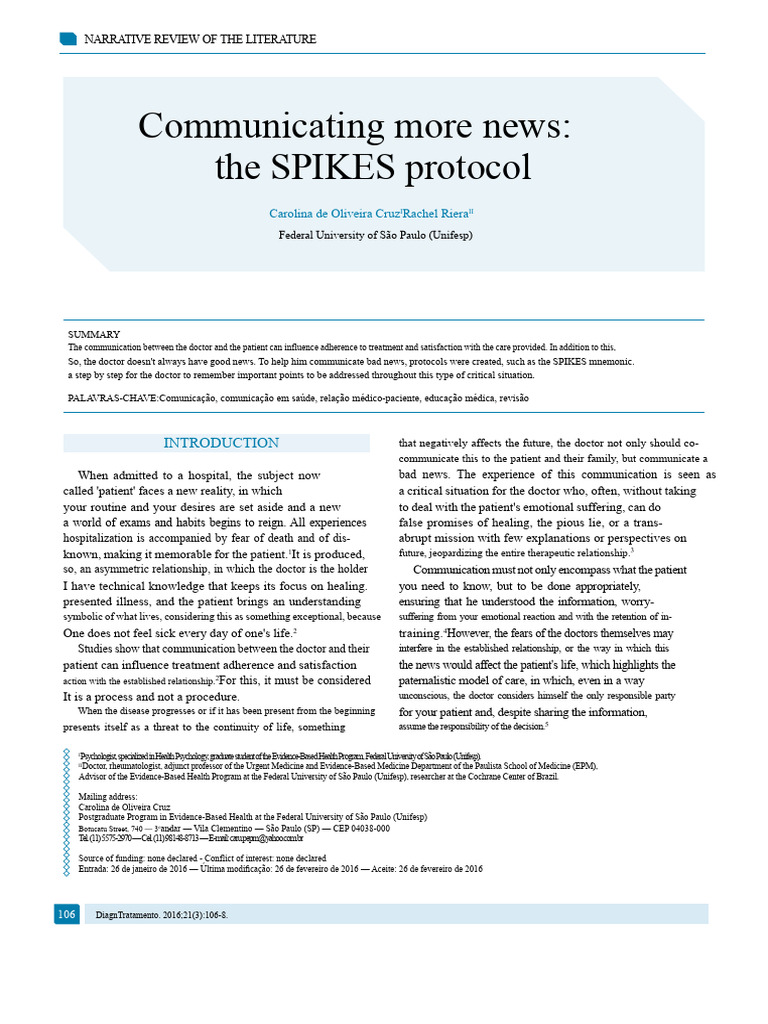 SPIKES Protocol for Bad News Communication | PDF | Pub Med | Health ...
