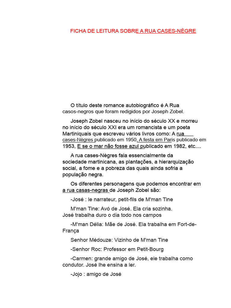 A Rua Cases-Nègres: Resumo e Análise | PDF