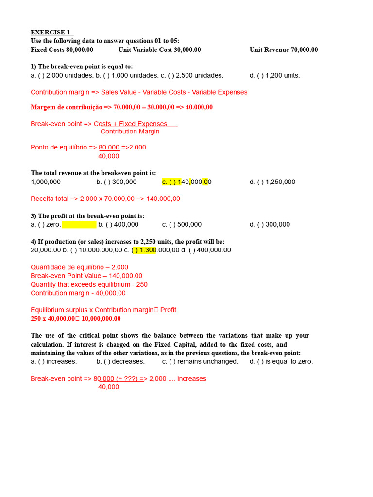 Exercise Solved Break-even Point | PDF | Profit (Economics) | Financial ...