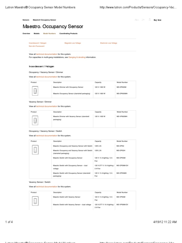 Lutron Maestro® Occupancy Sensor Model Numbers | PDF | Switch ...