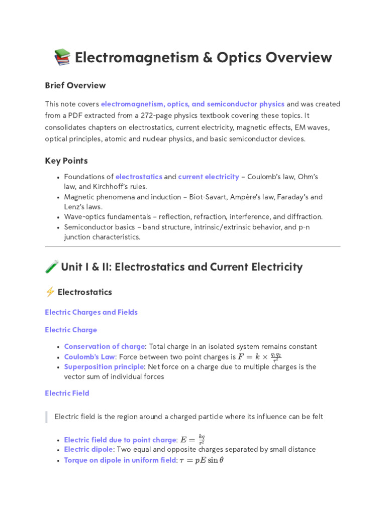 Electromagnetism & Optics Overview: Unit I & II: Electrostatics and ...
