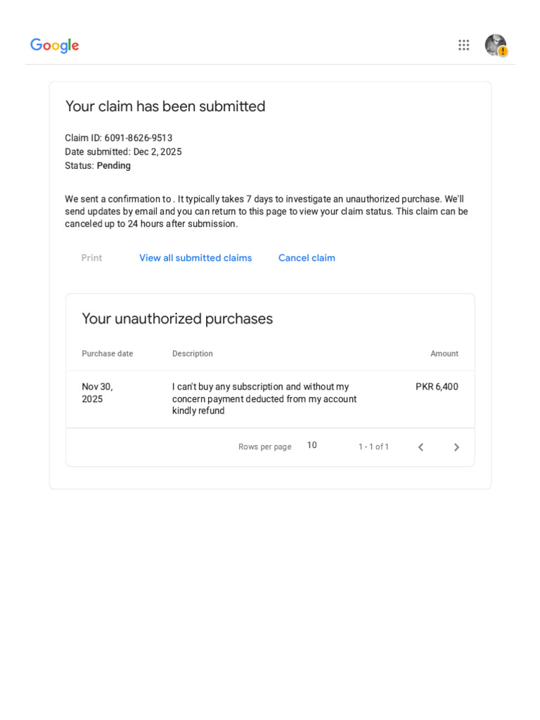 Unauthorized Purchase Claim Status | PDF