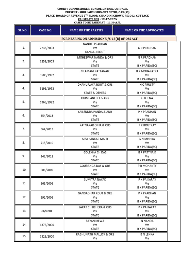 Cuttack Court Hearing Schedule 2025 | PDF