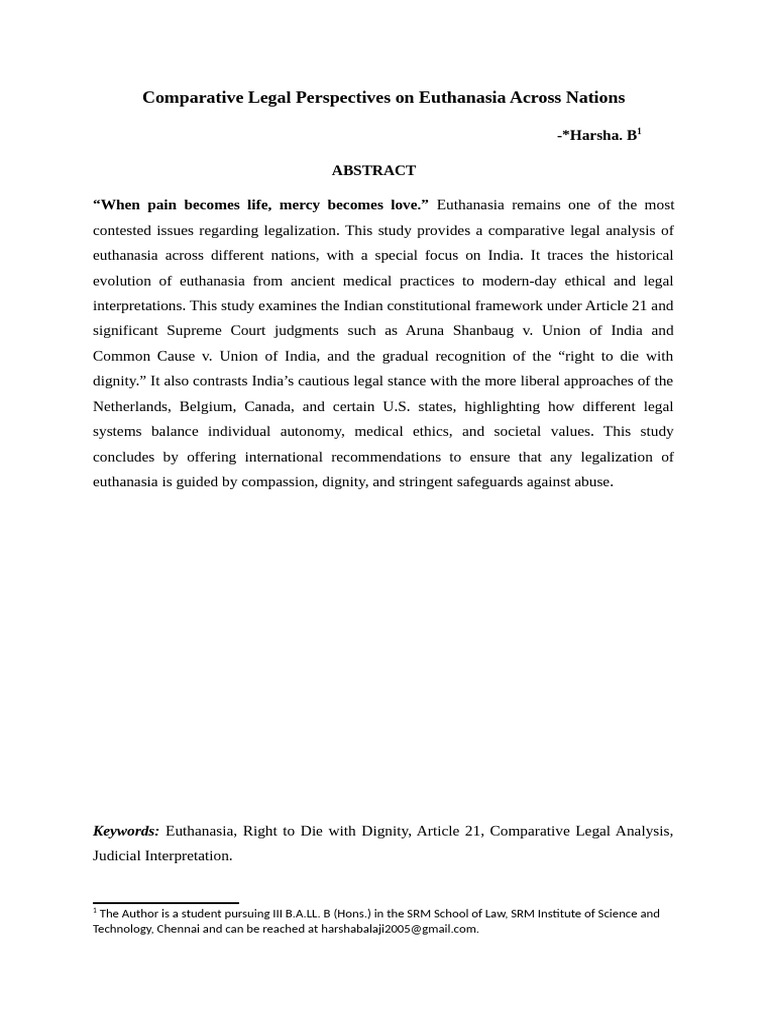 Comparative Legal Perspectives on Euthanasia Across Nations - Harsha. B ...