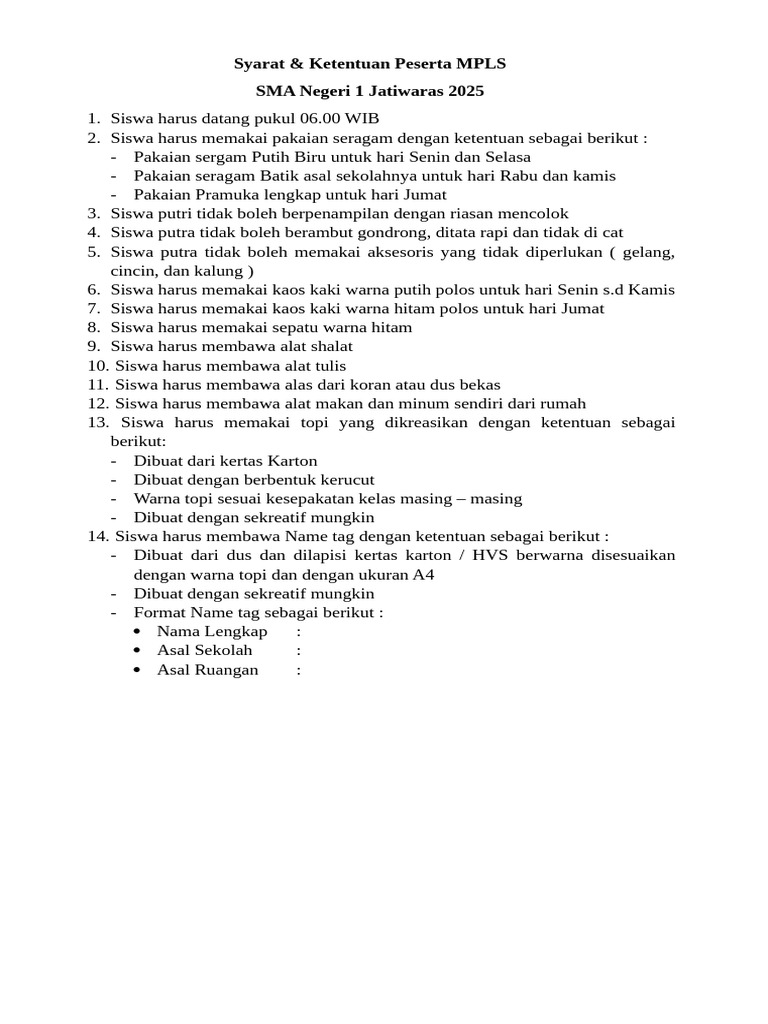 Syarat MPLS SMA Negeri 1 Jatiwaras 2025 | PDF