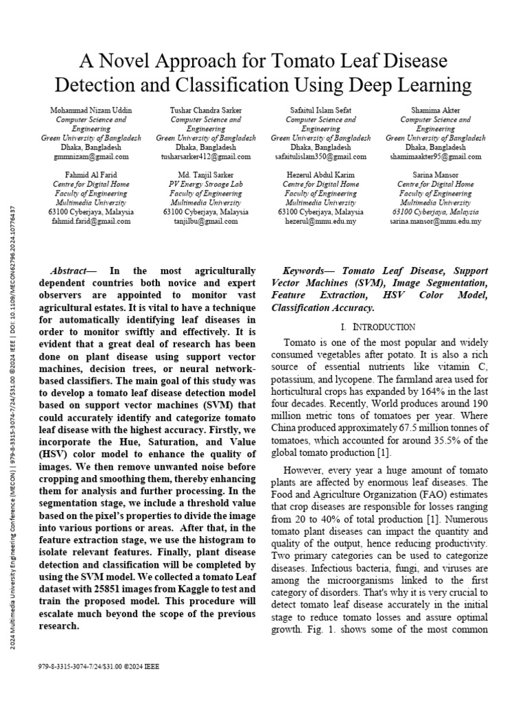 A Novel Approach For Tomato Leaf Disease Detection and Classification ...