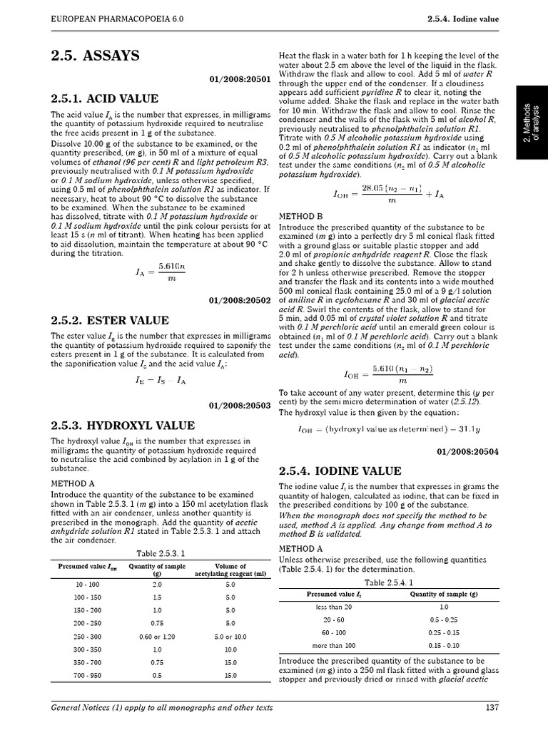 European Pharmacopoeia: Iodine & Acid Values | PDF | Titration | Chemistry
