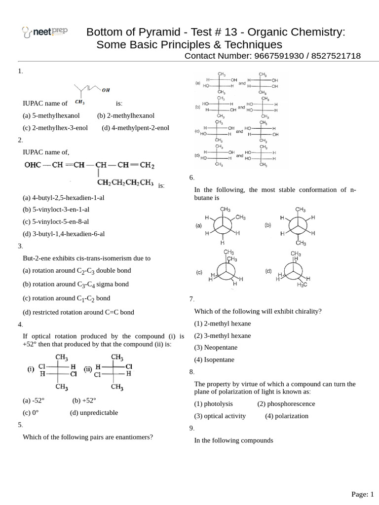 Organic Chemistry IUPAC Naming Quiz | PDF | Chirality (Chemistry ...