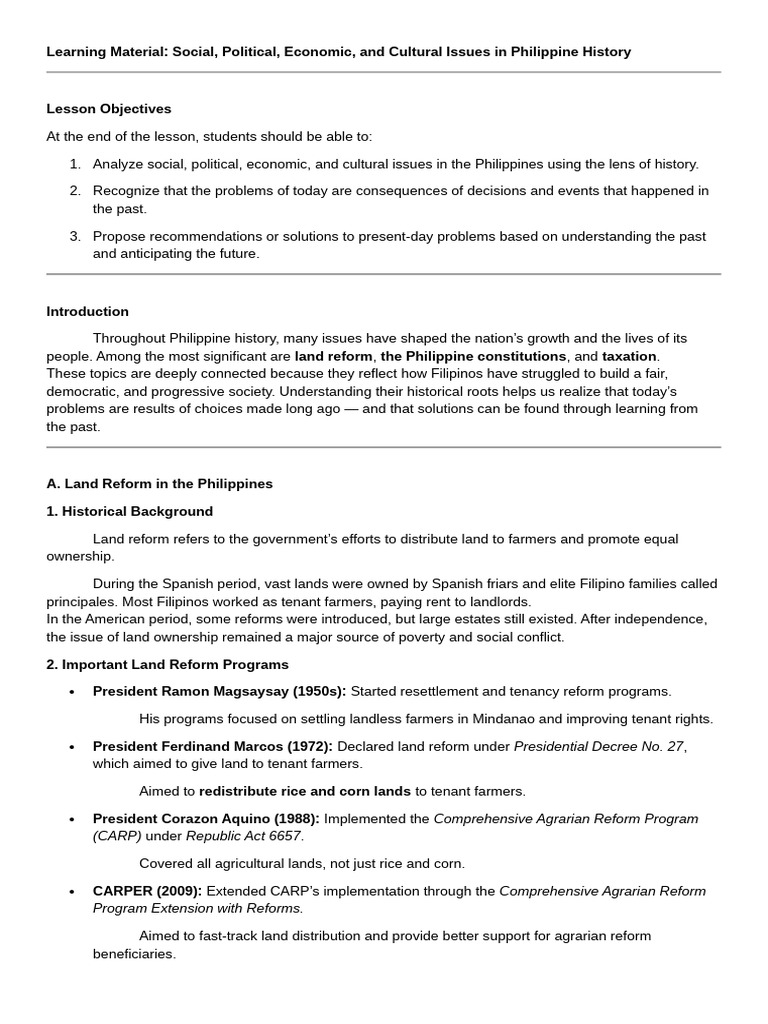 Social Political Economic and Cultural Issues in Philippine History 2 ...