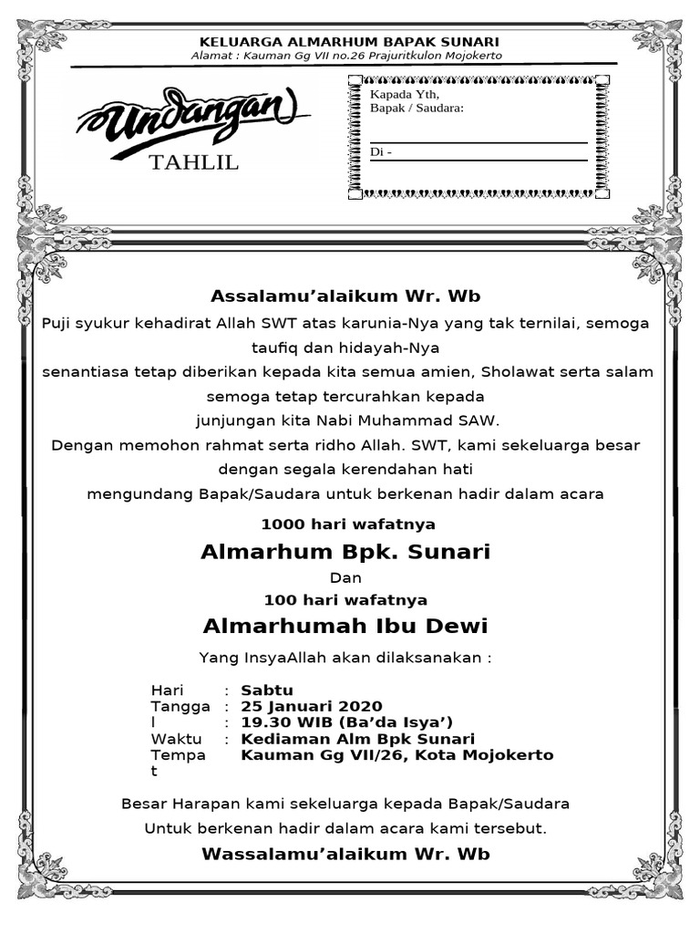 Undangan Tahlil 1000 Hari Bpk. Sunari | PDF