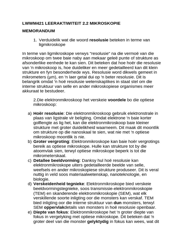 LE 2.2 Mikroskopie Opdrag Memorandum | PDF