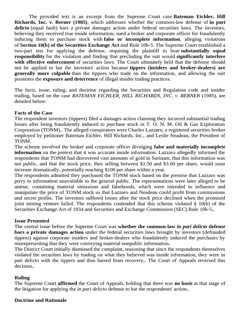 Supreme Court on In Pari Delicto Defense | PDF | Insider Trading | Sec ...