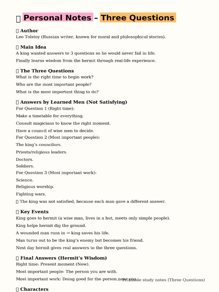Three Questions Notes A4 | PDF