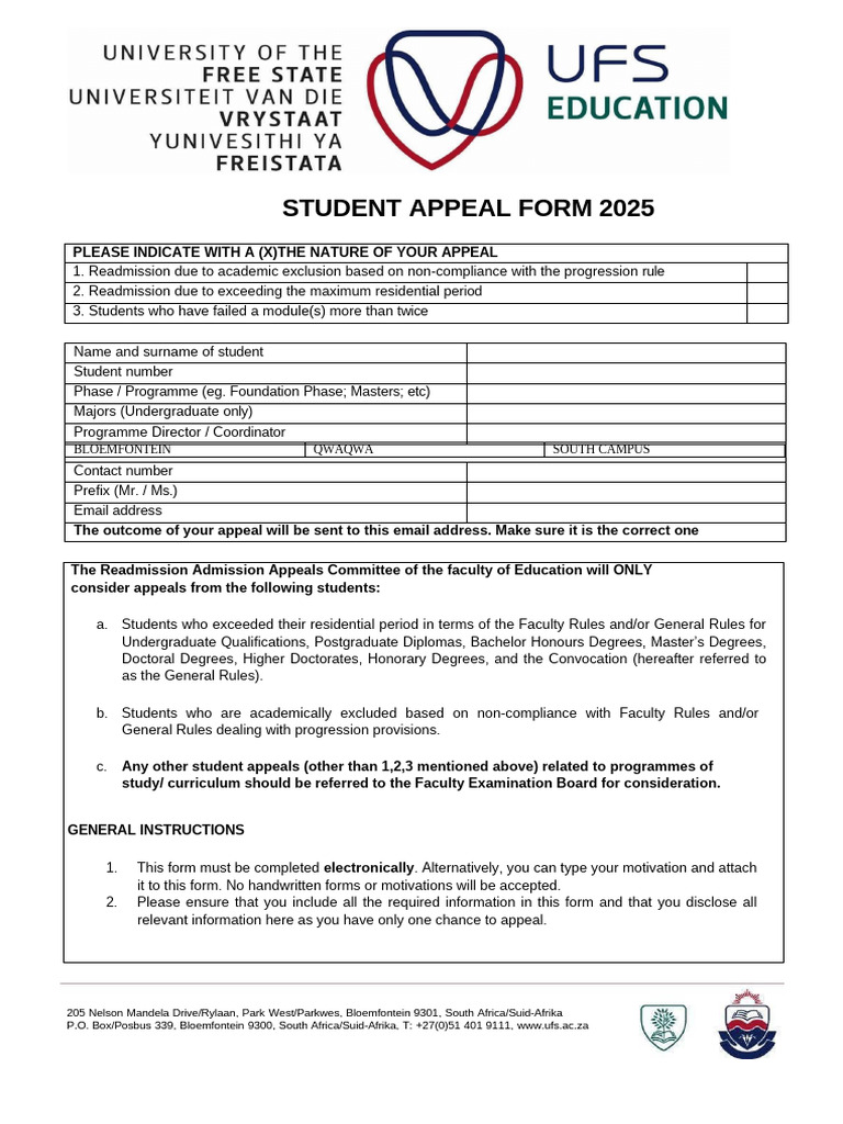 UFS Student Appeal Form 2025 | PDF | Academic Degree | Vocational Education