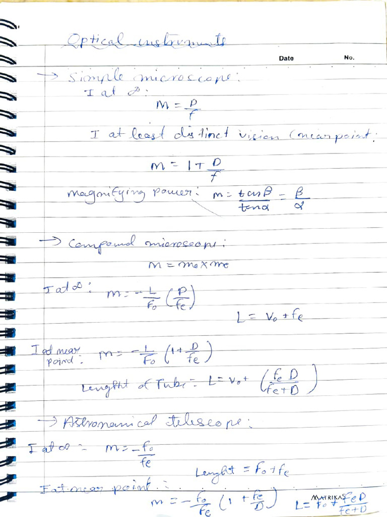Optical Instruments Important Formulas | PDF