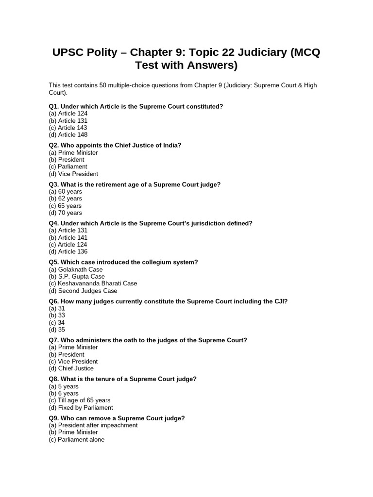 UPSC Polity Chapter9 Topic22 Judiciary Test MCQs | PDF | Supreme Court ...