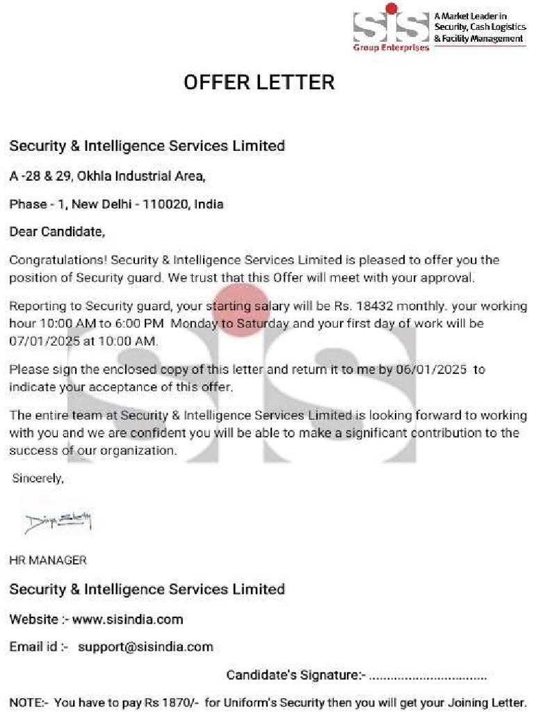 SIS Security's Offer Letter | PDF