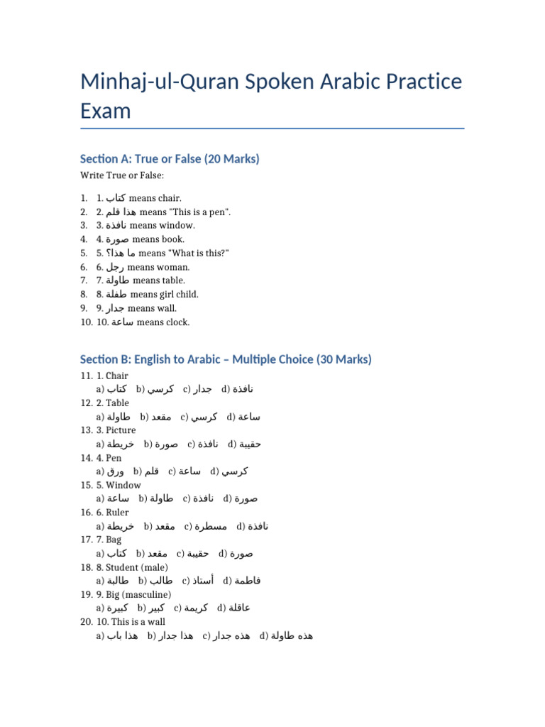Spoken Arabic Practice Exam | PDF