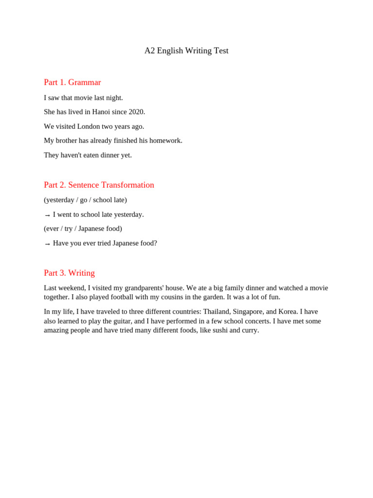 A2 English Writing Test Guide | PDF