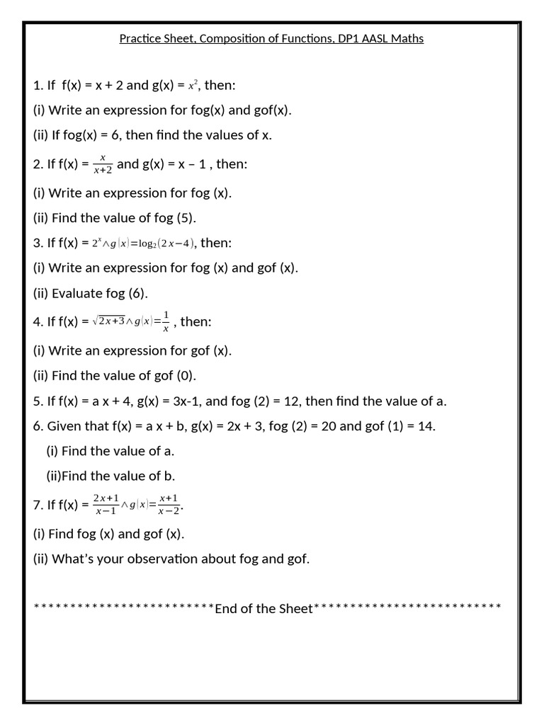 Practice Sheet Composition of Functions Math AASL DP1 | PDF