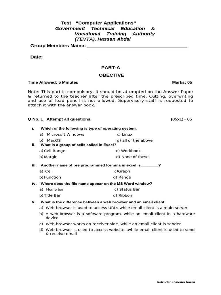 Computer Applications (Test02) Tevta | PDF | Client (Computing ...