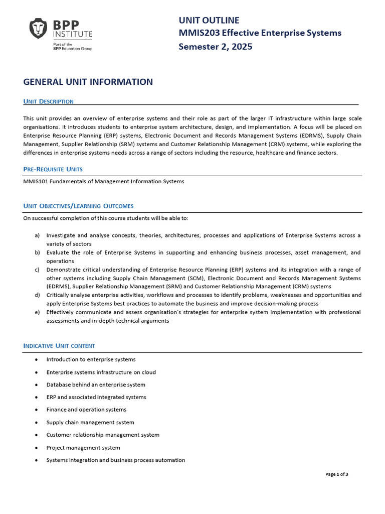 MMIS203 25S2 Effective Enterprise Systems Unit Outline | PDF ...