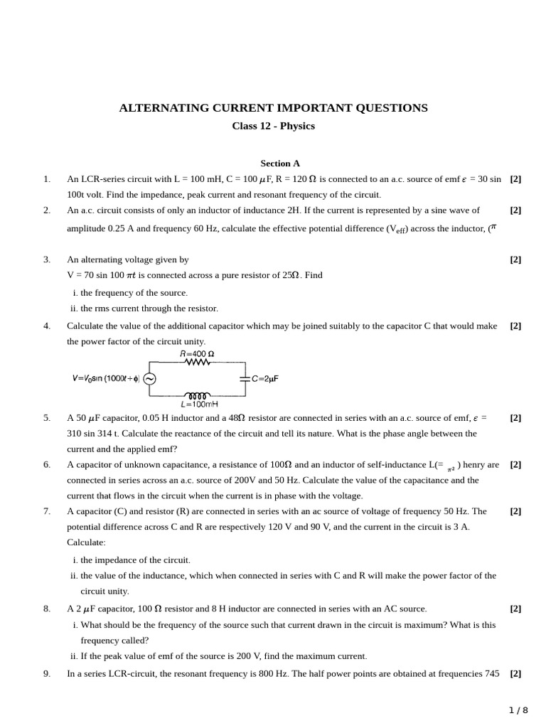 Key Questions on Alternating Current Concepts | PDF | Inductor ...