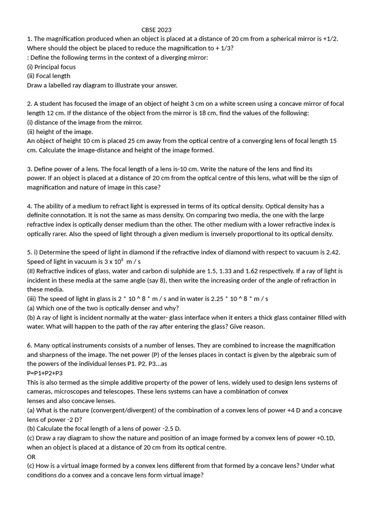 Light Chapter Board Questions (2025!10!02 05-40-11 UTC) | PDF | Optics ...